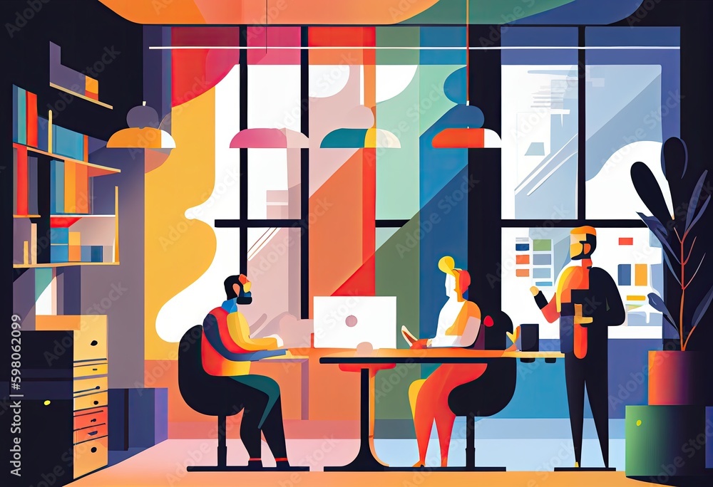 tech illustration, meeting company office, simple minimal, by slack and ...