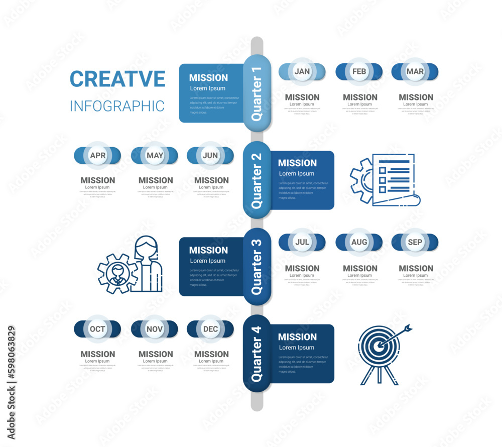 Vetor de Infographic quarterly template for presentation 12 months in 4 ...