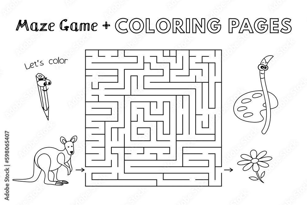 Vetor de Cartoon kangaroo maze game. Vector coloring book pages for ...
