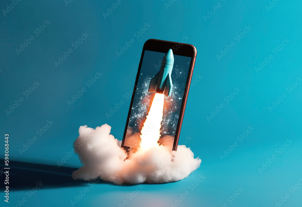 Rocket coming out of a mobile phone screen, blue background. Generative ...