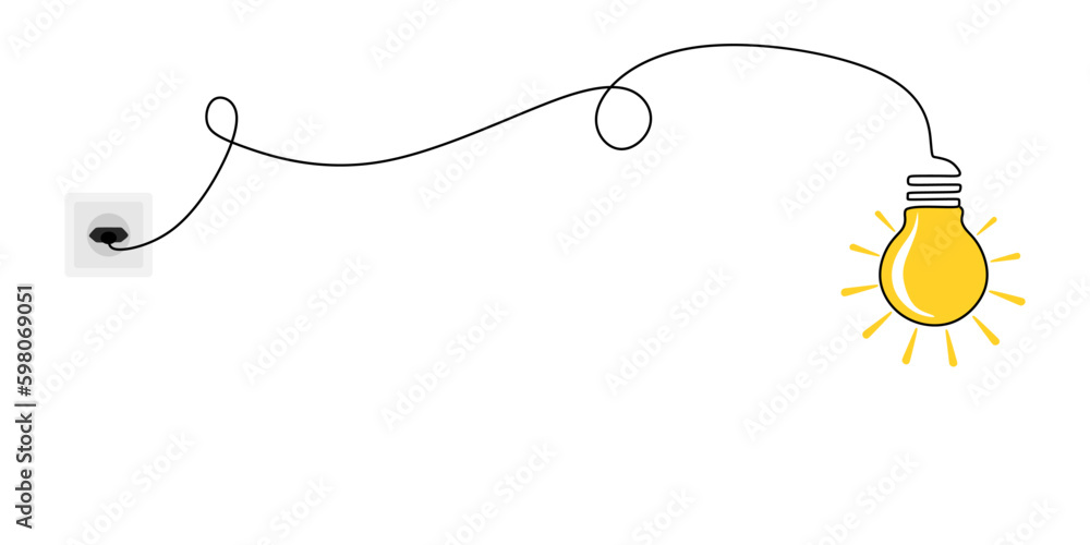 Continuous line drawing light bulb connected in a socket with a plug ...