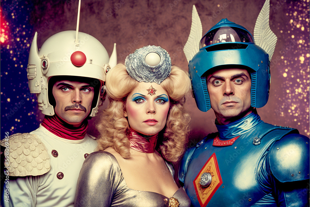Actors wearing cheesy sci fi costumes from outer space for a retro ...