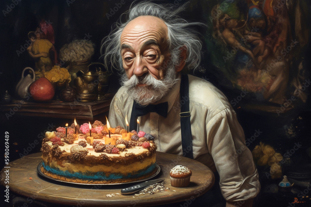 Old man with a birthday cake at a party. Candles are burning on the ...