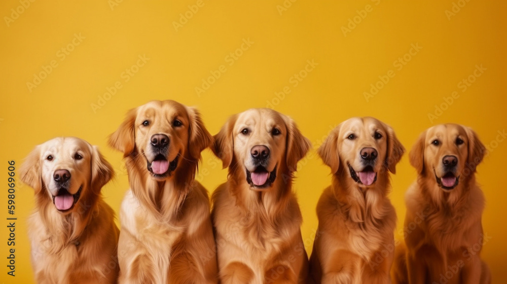 A group of five golden retriever dogs sitting together in a lineup in ...