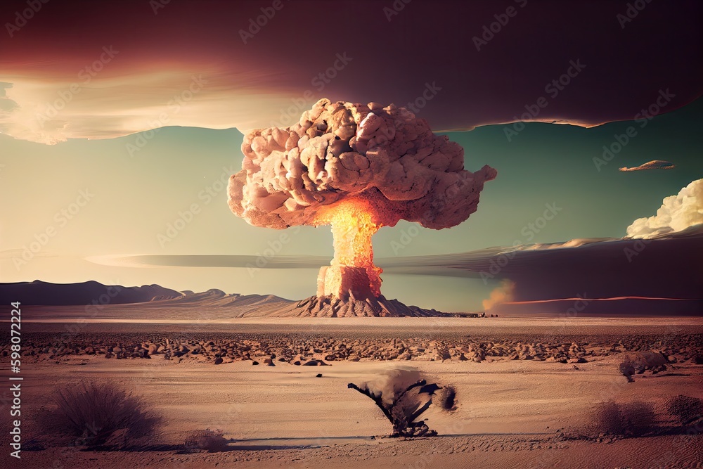 nuclear test explosion in the desert, with towering mushroom cloud ...