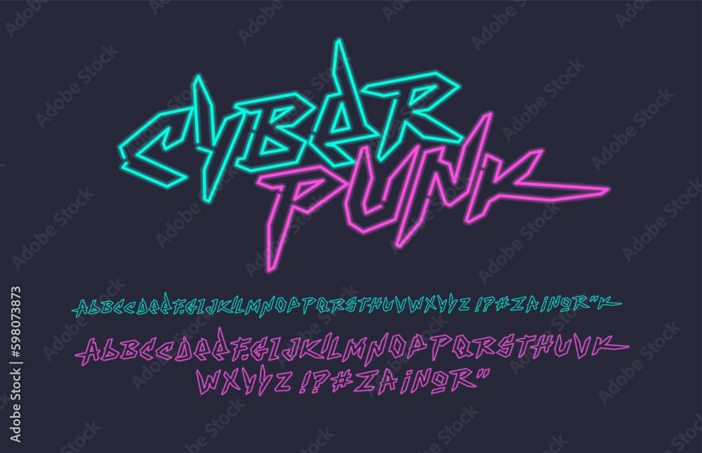 Vector Retro futuristic Cyberpunk type font in 90s style with neon ...