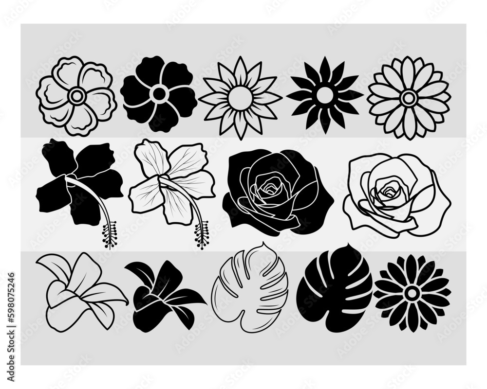 Flowers | Flowers SVG Bundle | Flowers Clipart | Leaves svg | Circut Cut Files Silhouette | Rose ...
