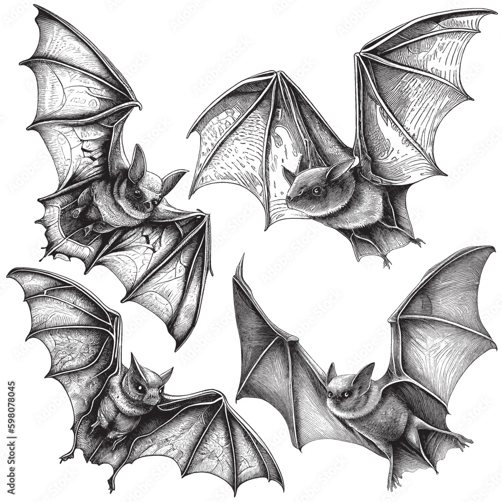 Hand Drawn Engraving Pen and Ink Bat Flying Vintage Vector Illustration ...