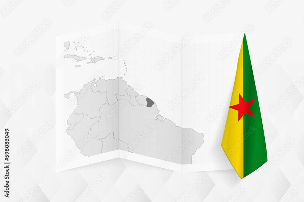 A grayscale map of French Guiana with a hanging French Guianese flag on ...