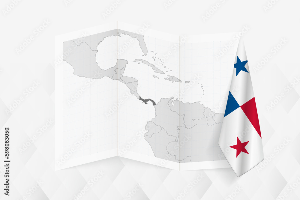 A grayscale map of Panama with a hanging Panamanian flag on one side ...