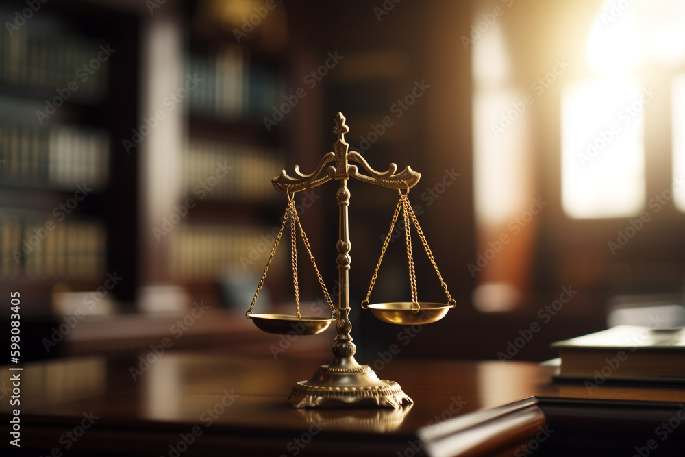 Shiny golden balanced scale in court library background as concept ...