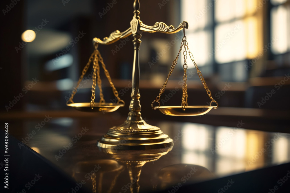 Shiny golden balanced scale in court library background as concept ...