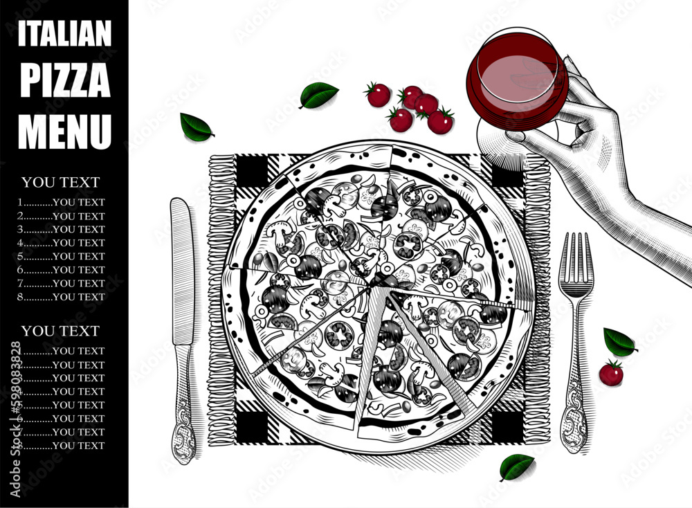 Italian pizza poster. Big round tasty pizza. Female hand holding a ...