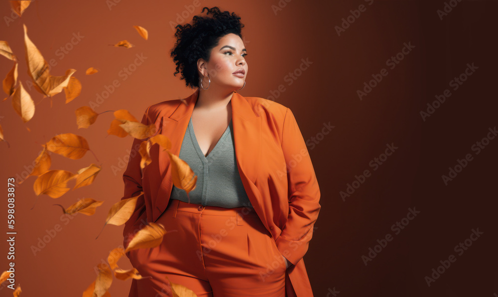 fashionable confident black woman on solid orange background ...
