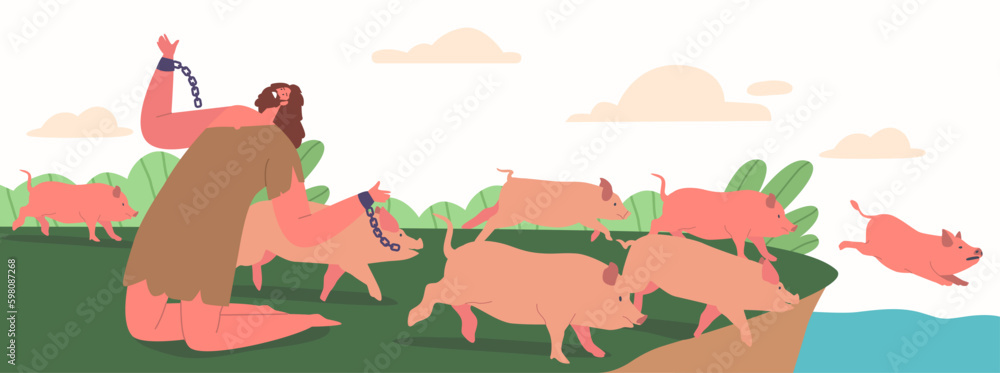Jesus Cast Out A Demon, Driving It Into A Herd Of Pigs. Biblical Event ...