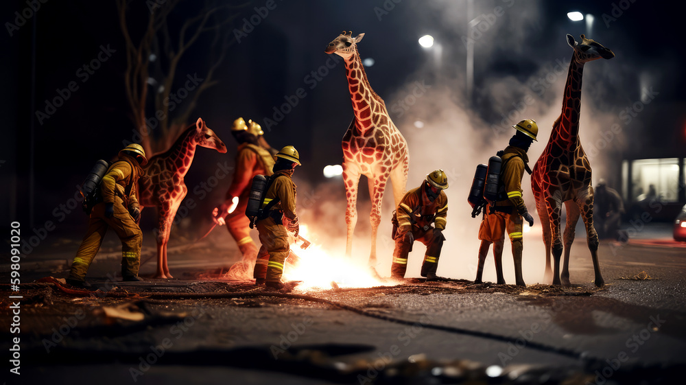 group of giraffes as firefighters putting out a raging fire, with ...