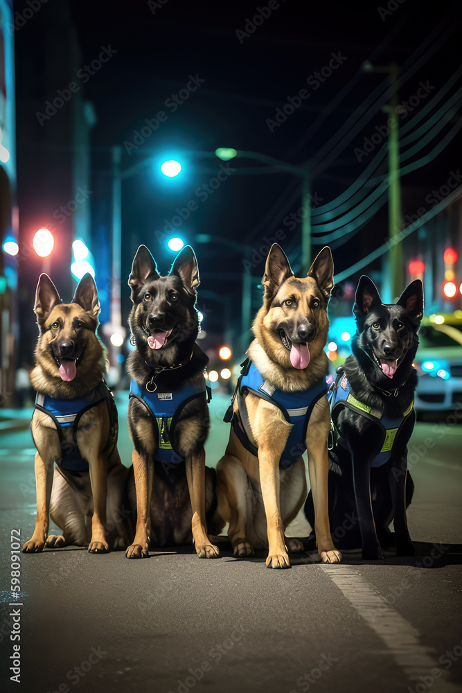 group of dogs dressed in police uniforms, patrolling the streets of a ...