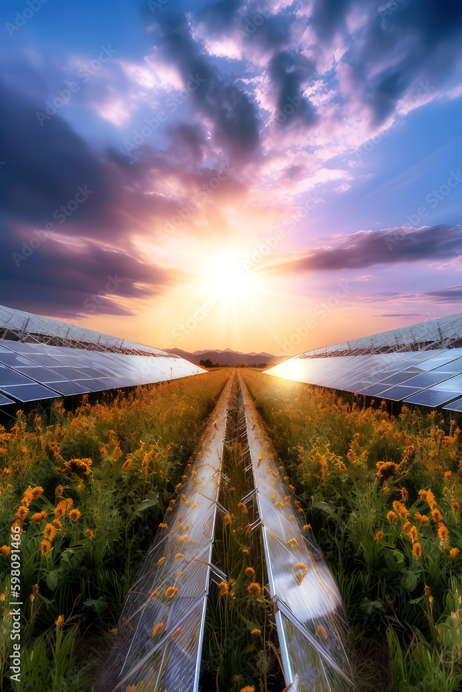 field of crops growing beneath a shining sun and an array of ...