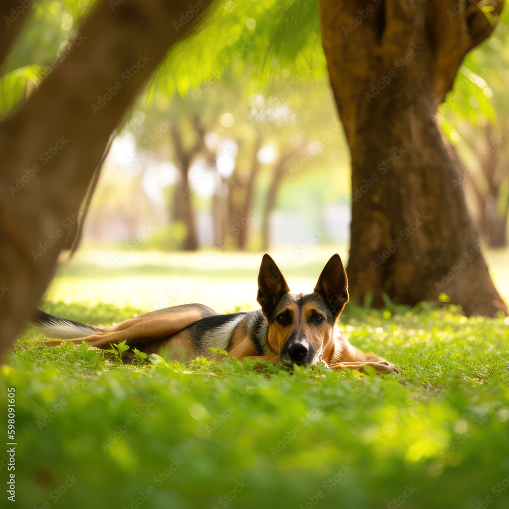 A dog lying in a shady spot under a tree, panting heavily and seeking ...