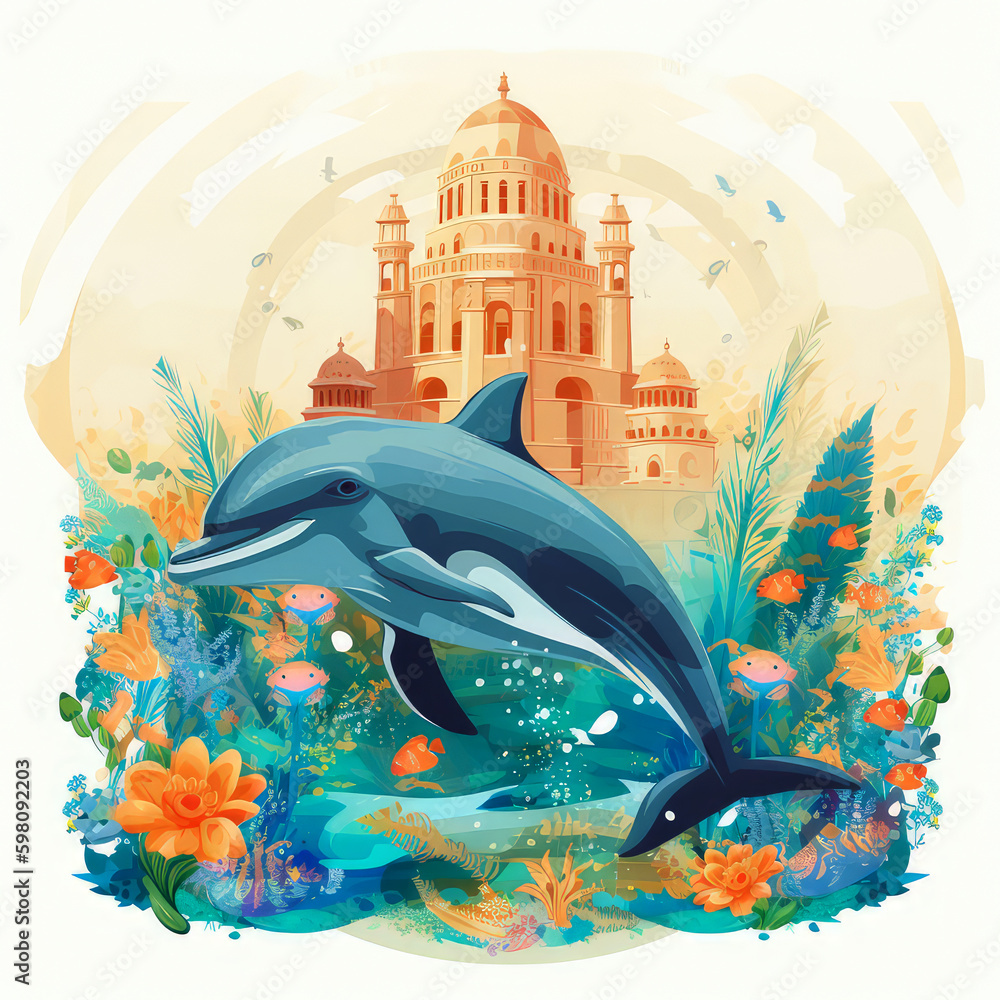 dolphin queen swimming in a crystal clear ocean, with a coral reef city ...