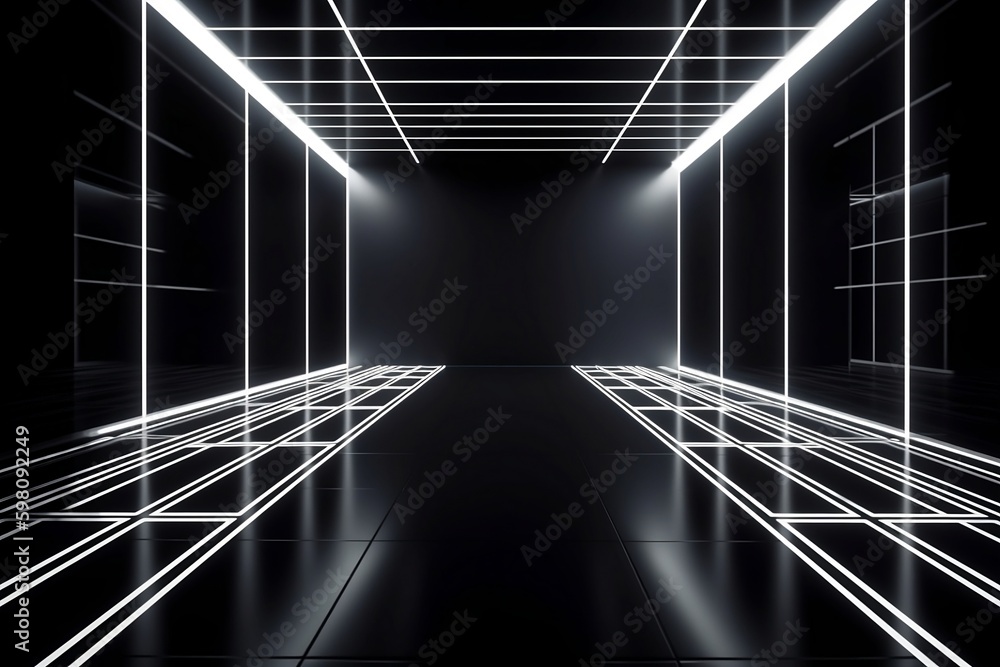 3d render abstract black white neon background dark empty room with ...