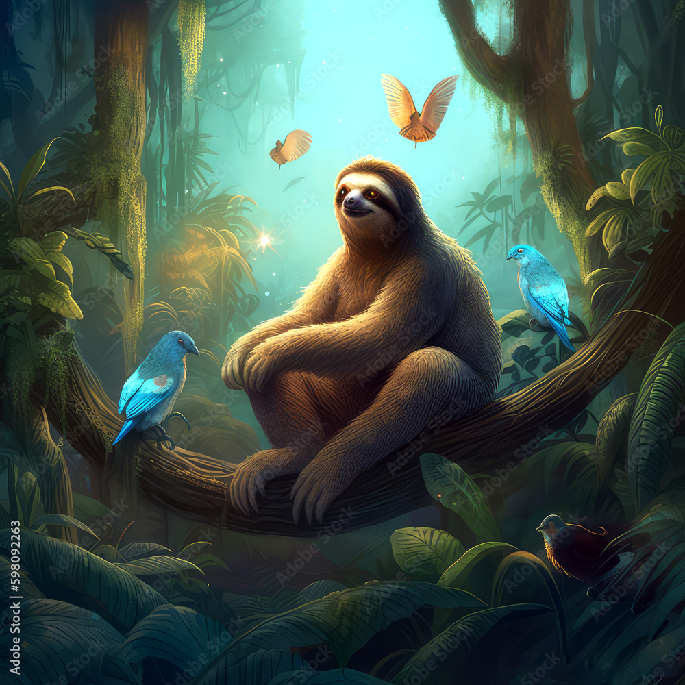 A digital painting of a sloth king overlooking a lush rainforest, with ...