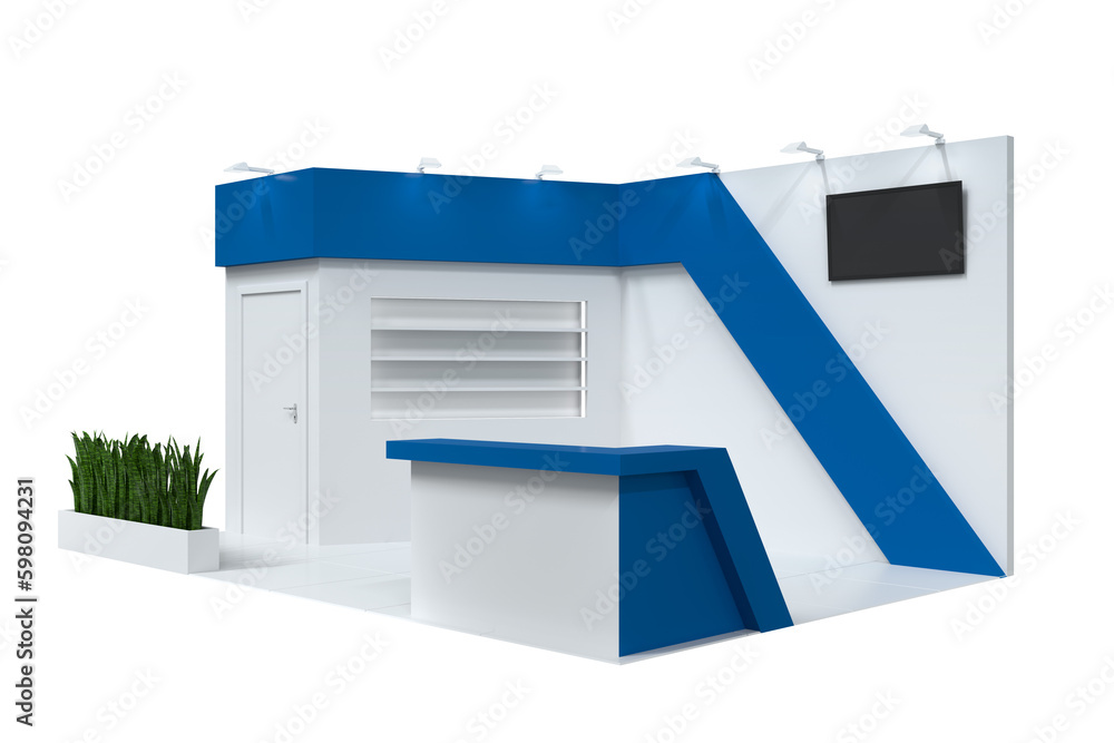 Corner exhibition stand with blue zones. A creative object for branding ...