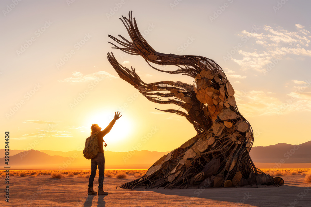 traveler standing on a stage with a giant hand sculpture reaching out ...