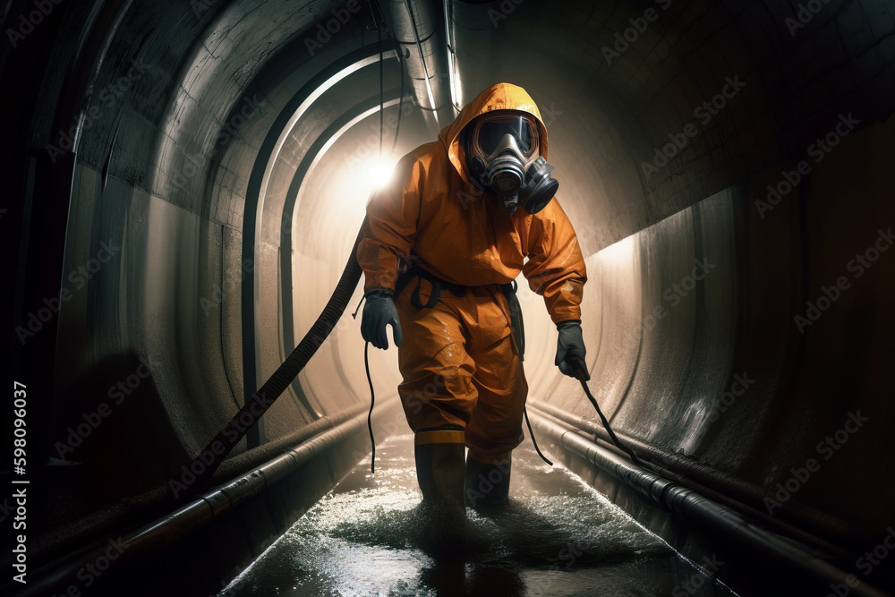 Man in hazmat suit in dark sewer. Not actual real person. Digitally ...