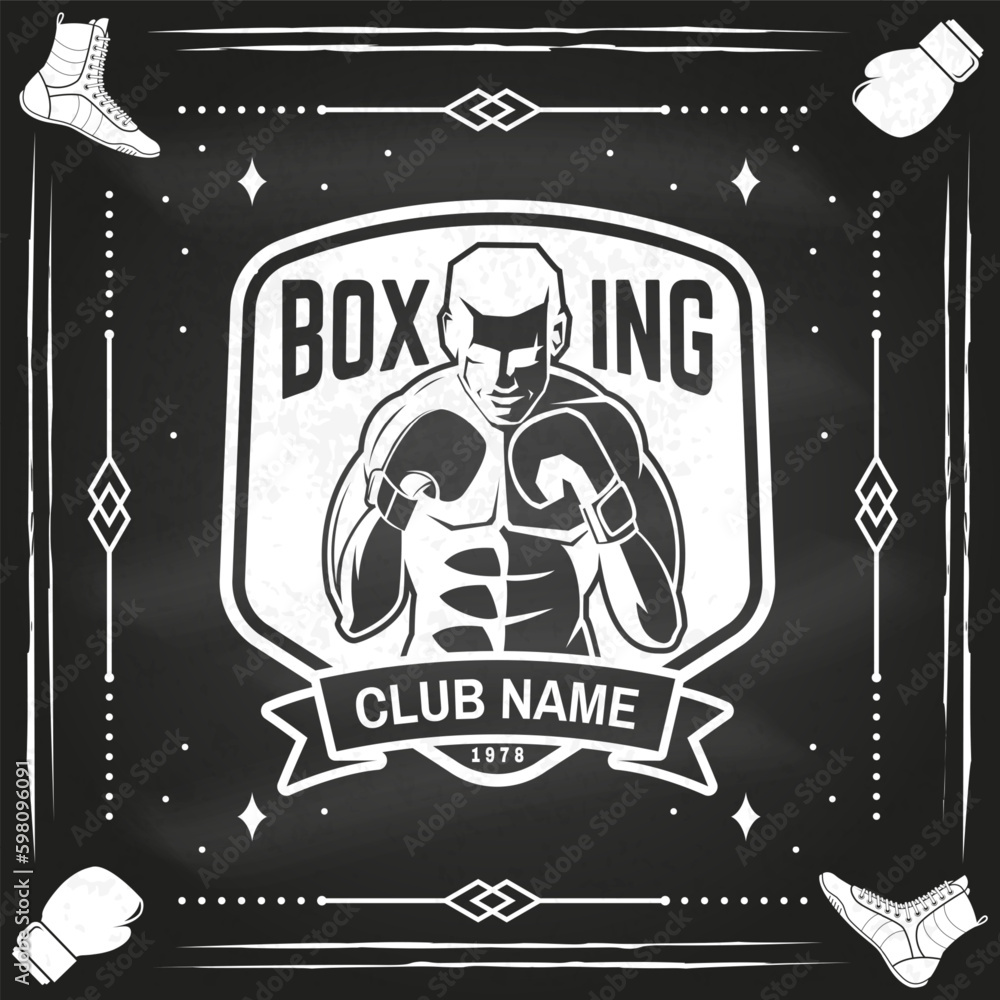 Boxing club badge, logo design on chalkboard. Vector illustration. For ...
