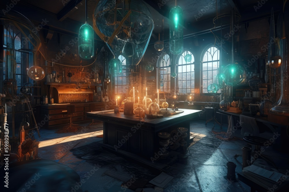Sci-fi wizard's laboratory, with high-tech equipment and arcane symbols ...