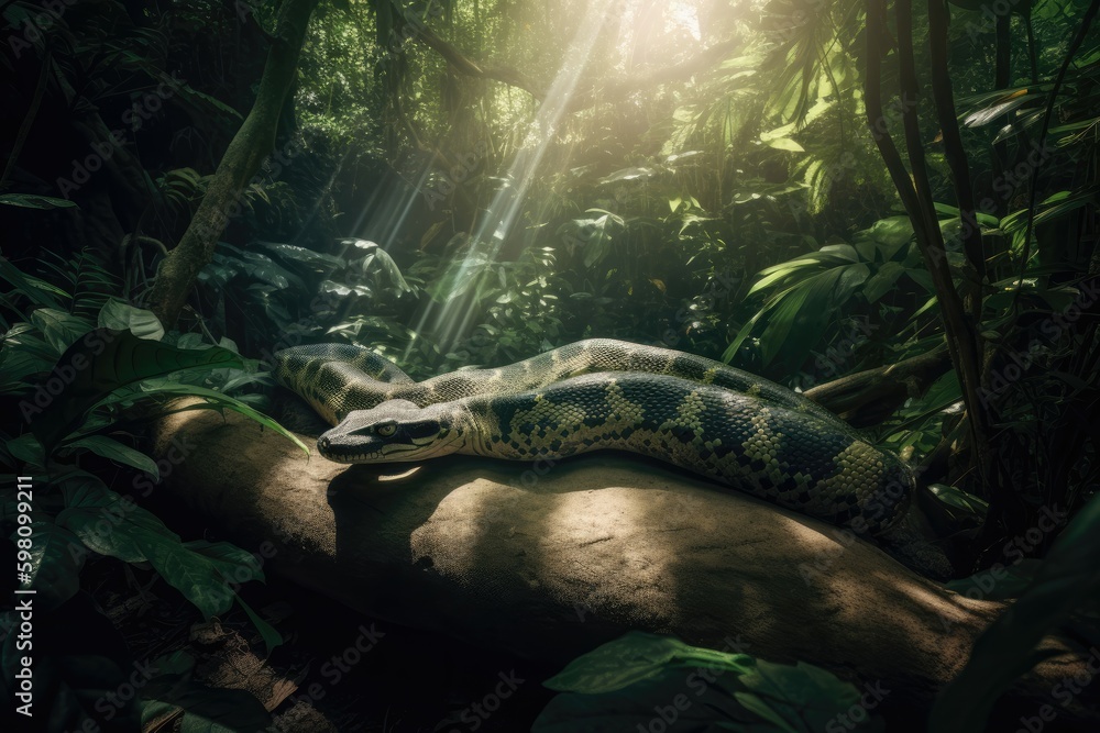 Slithering green anaconda winding its way through a dense jungle with ...