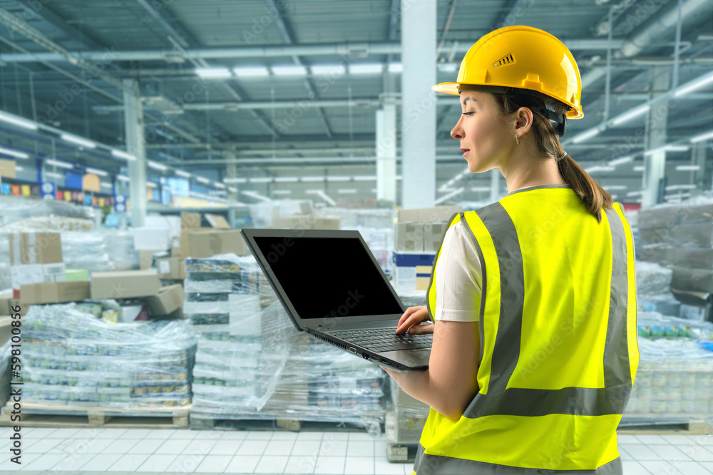 Woman in warehouse. Girl with laptop. Warehouse with goods on pallets ...