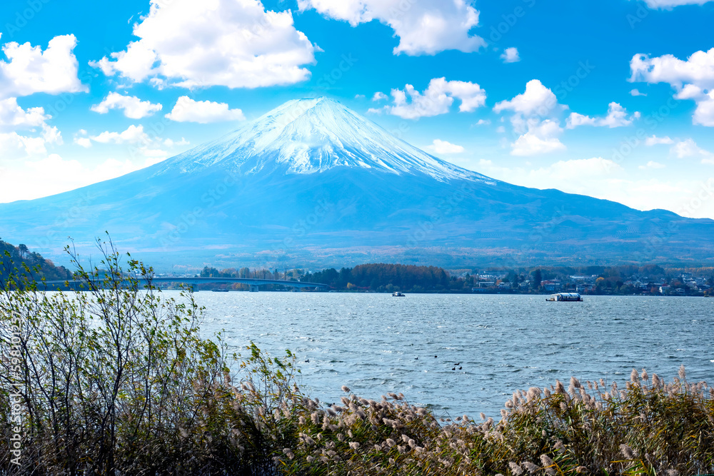 Volcanoes of Japan. Mount Fuji. Lake Kawaguchiko. Fuji mountain with ...