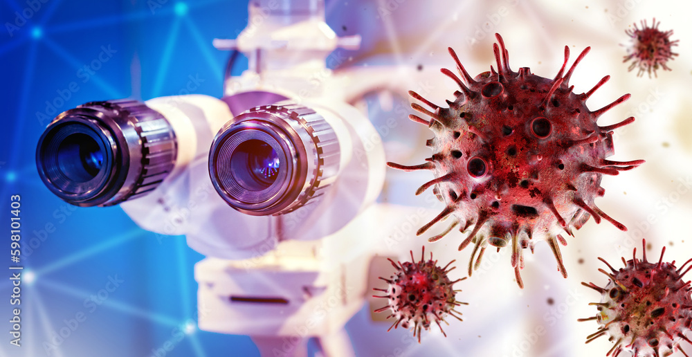 Viruses under microscope. Bacteria molecules. Fragment of electron ...