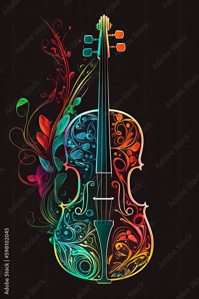colorful violin on a black background modern aesthetic design, music ...