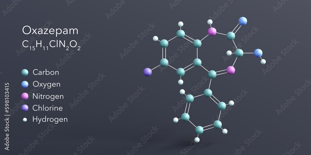 oxazepam molecule 3d rendering, flat molecular structure with chemical ...