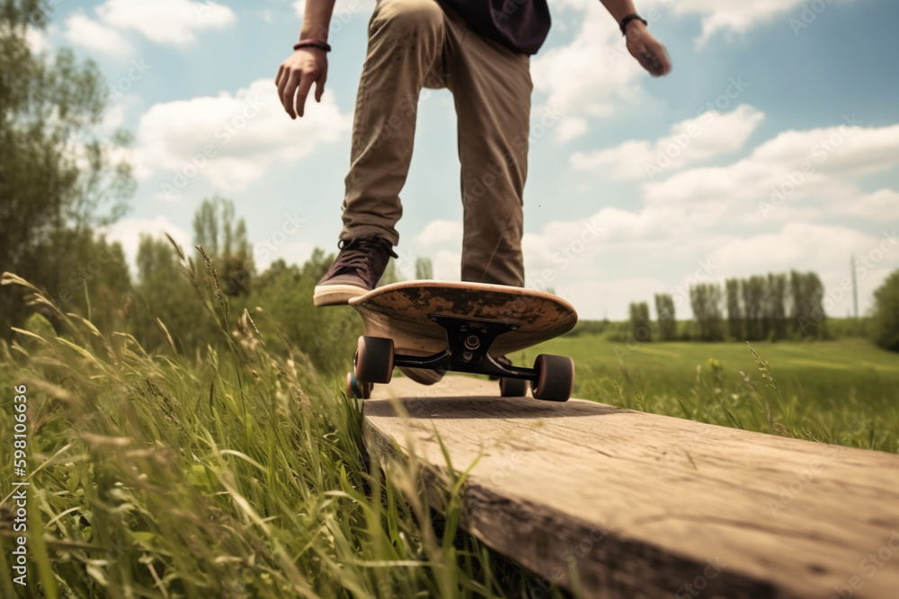 Skateboarder on green grass. Concept of green tourism and summer ...
