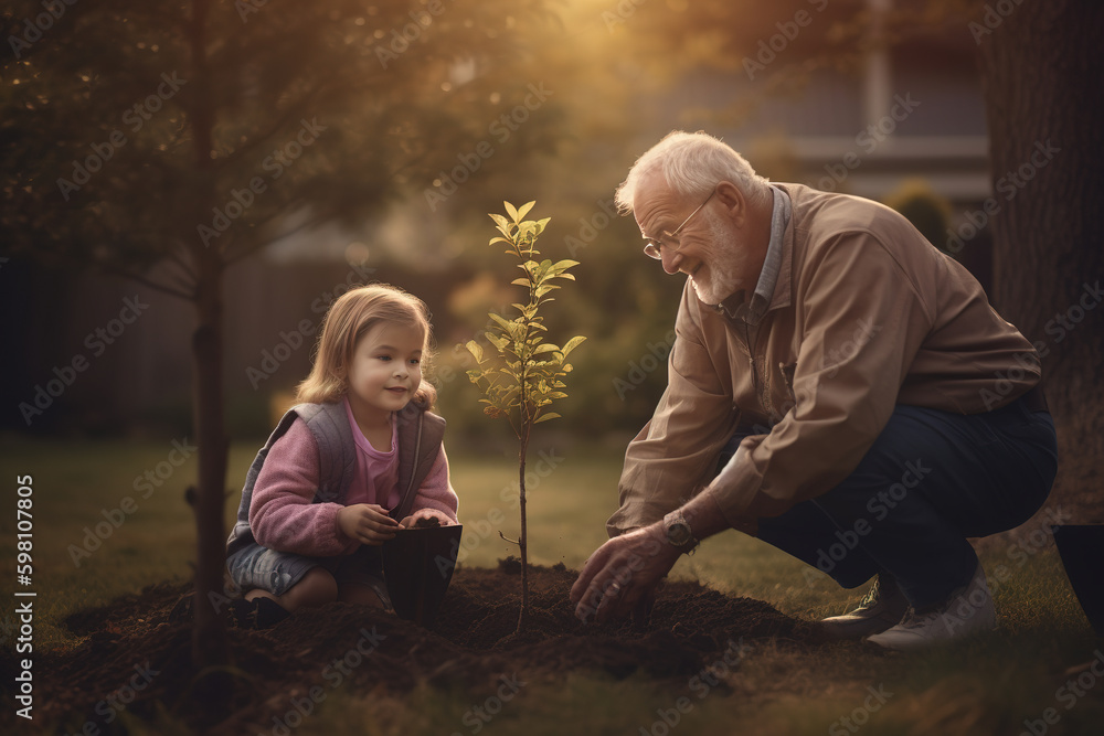 A grandfather planting a tree sapling with his granddaughter in a ...