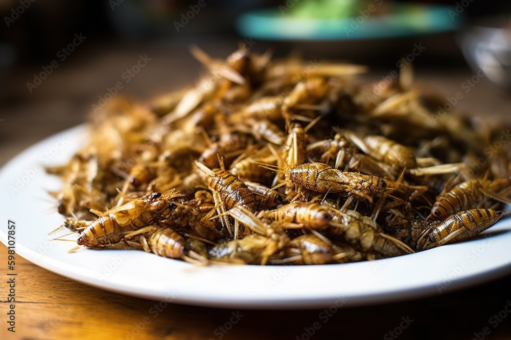 A plate of fried grasshoppers/locusts on a table. Theme of alternative ...