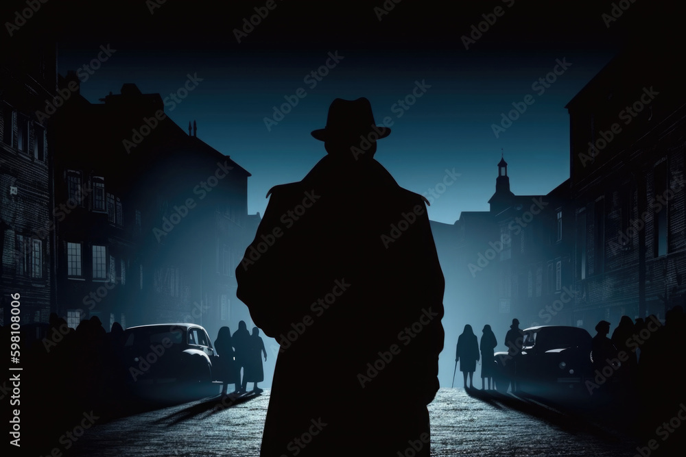 Silhouette of a man in a hat and coat on a night street. Gangster ...