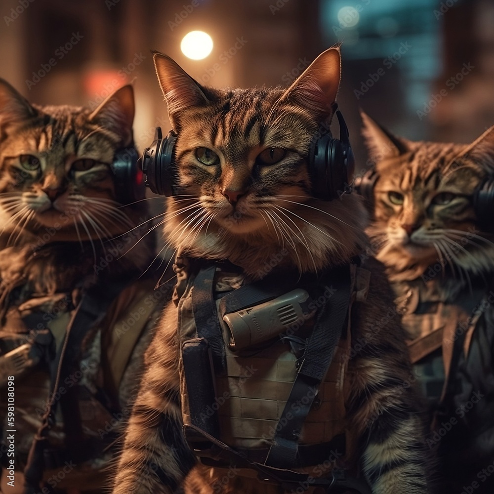 A team of Multiple cats preparing for battle, wearing sunglasses and ...