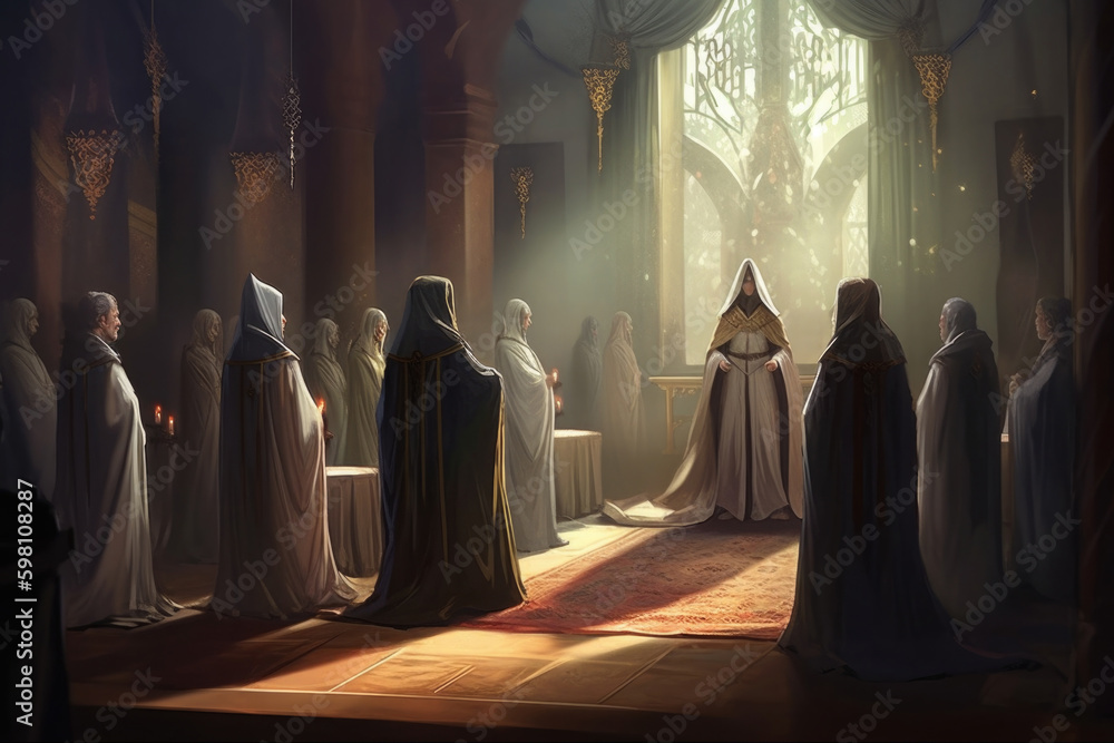 Secret society ceremony, people in hoods praying together. Members of ...