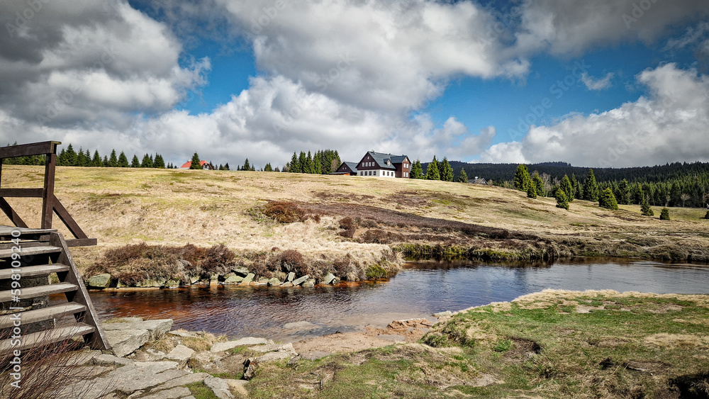 Rural grassland landscape in the settlement of Jizerka in the Jizera ...