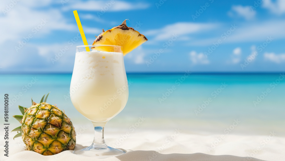 Piña colada cocktail on the beach, with copy space for text. Generative ...