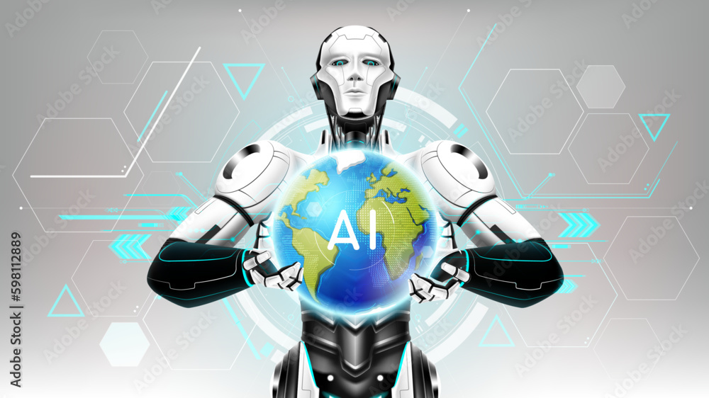 AI Artificial intelligence humanoid holding planet Earth on hand ...