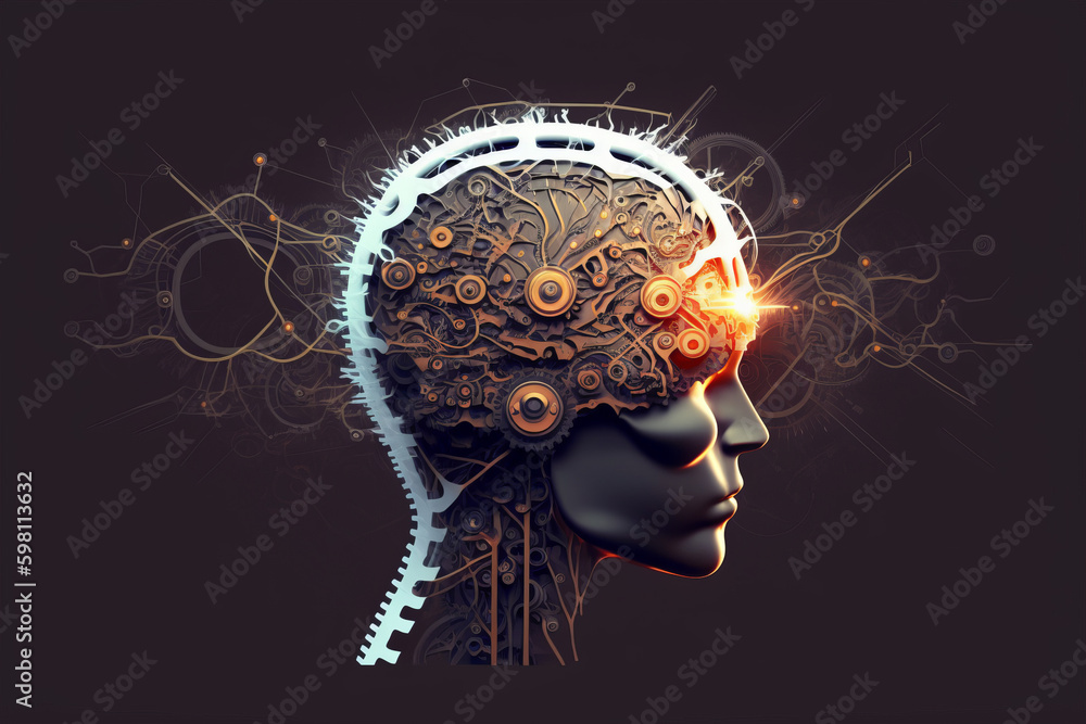 Head with Gears in mechanical brain spinning with ideas sparking ...