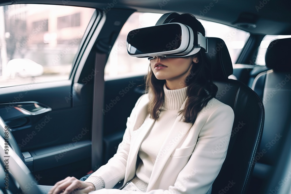 A young girl is driving a sports car wearing virtual reality glasses, generative AI. Stock イラスト ...