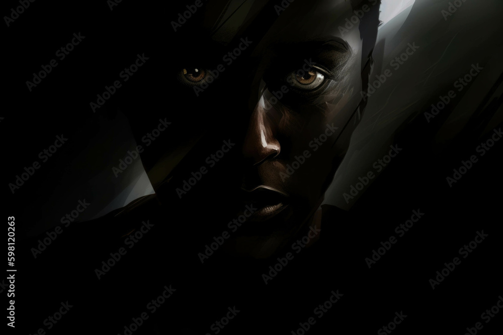 A figure with a menacing glint in their eye stands in the shadows their ...
