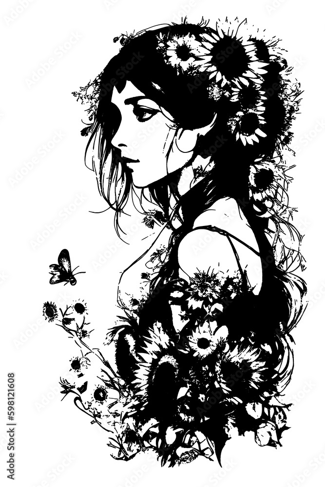 Beautiful brunette lady, Spring goddess decorated with field spring ...